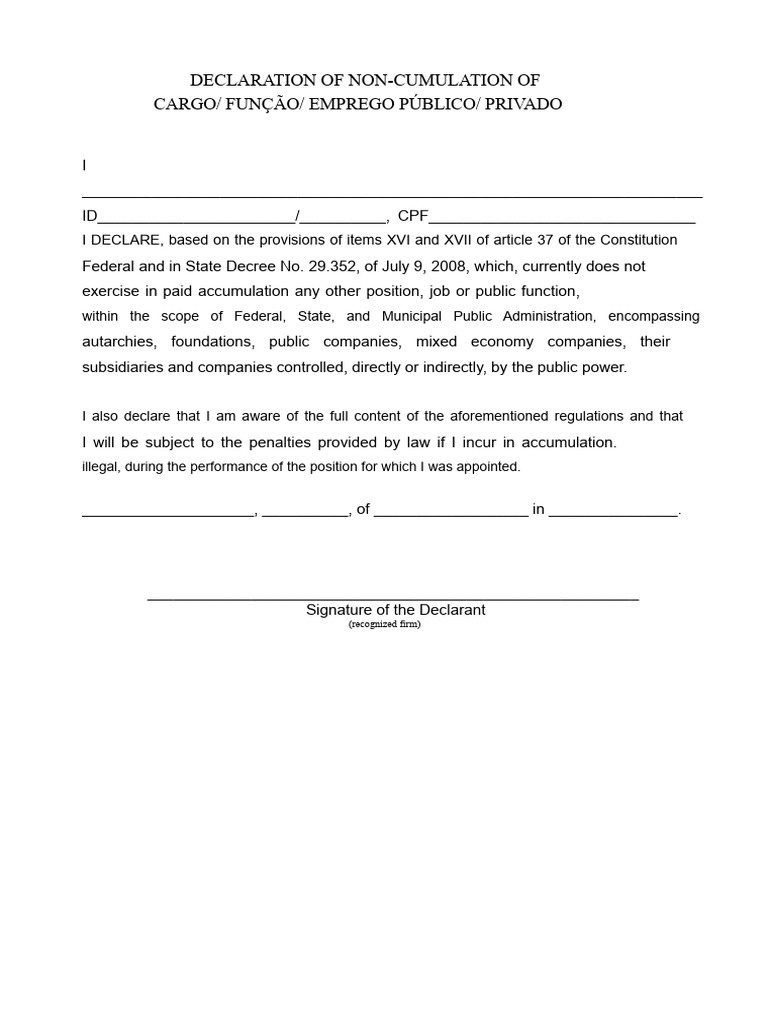 Declaration of Non-Accumulation of Positions - MODEL 01 | PDF
