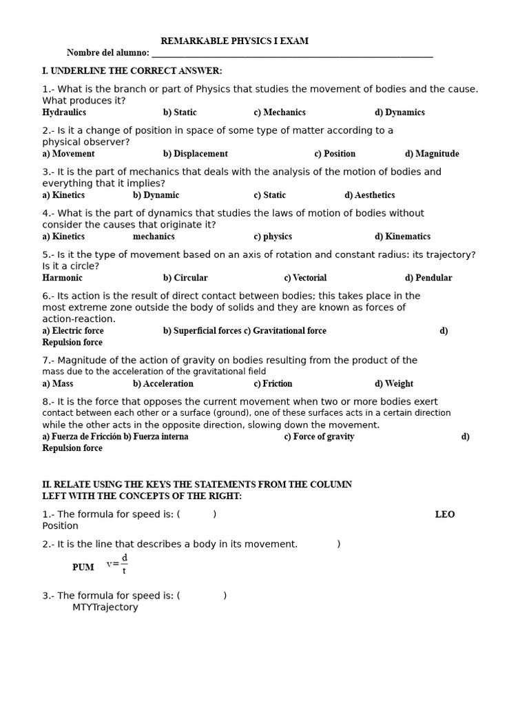 Physics I Exam Questions and Answers | PDF | Force | Physics