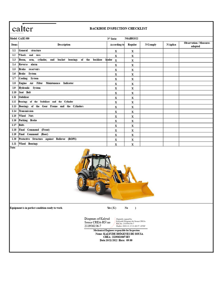 Inspection Checklist - Backhoe Loader | PDF | Loader (Equipment ...
