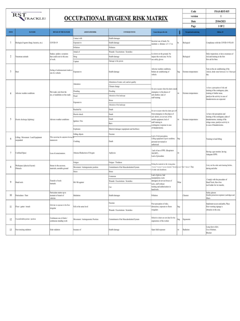 Occupational Hygiene Risk Matrix Guide | PDF | Hazards | Occupational ...