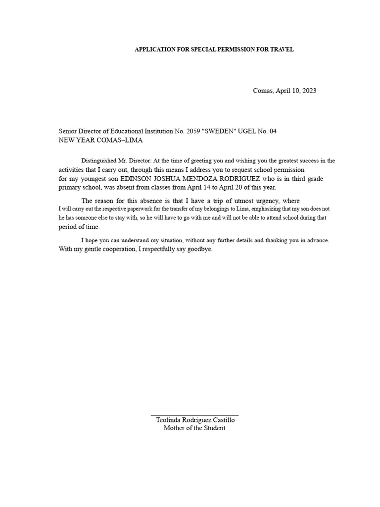 Application For Special Permission For Travel | PDF