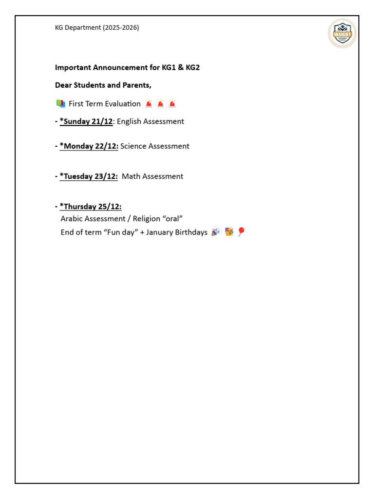 KG1 & KG2 First Term Evaluations 2025-2026 | PDF