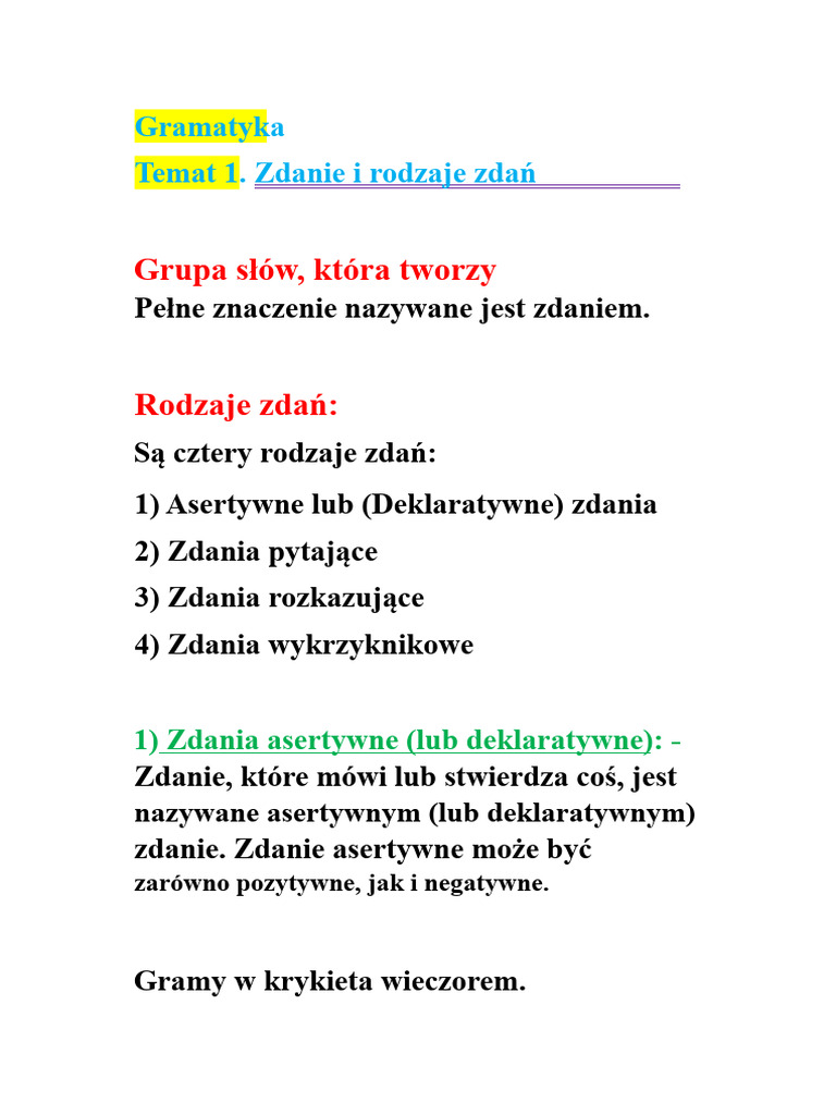 Notatki - Rodzaje Zdań (20212022) | PDF