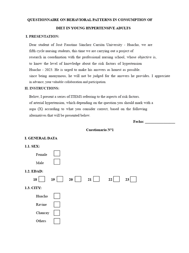 Questionnaire On Behavior Patterns in Dietary Consumption Among Young ...