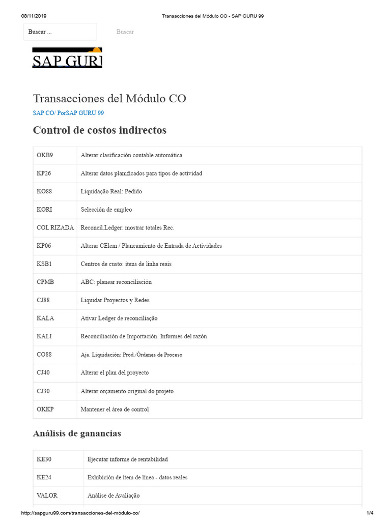 Transacciones Del Módulo CO - SAP GURU 99 | PDF