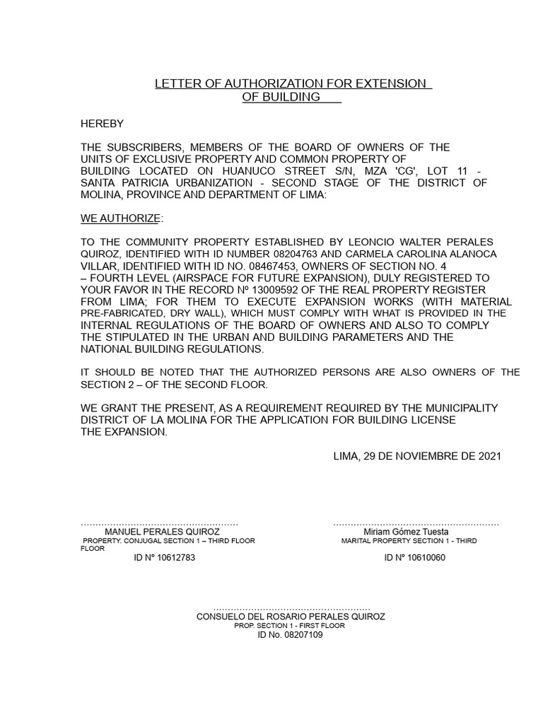 Letter of Authorization From The Board of Owners Sta Patricia | PDF