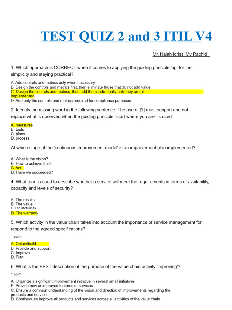 TEST QUIZ 2 and 3 ITIL V4 | PDF | Customer | Supply Chain