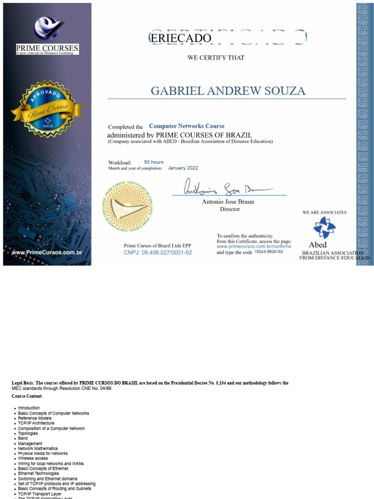 Computer Networks Certificate | PDF