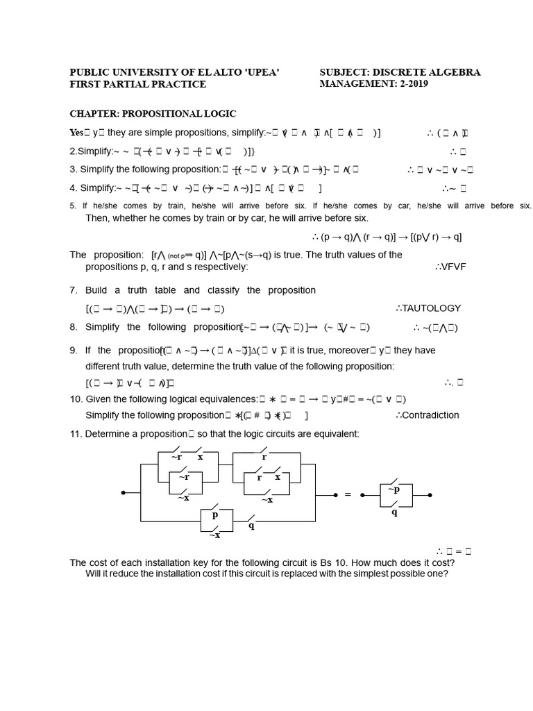Discrete Algebra: Propositional Logic Exercises | PDF | Logic | Syntax ...