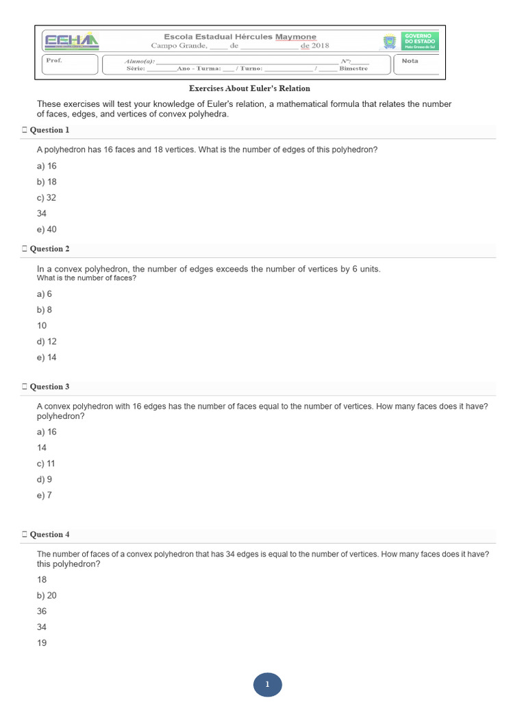Euler's Relation Exercises for Polyhedra | PDF | Triangle | Vertex ...