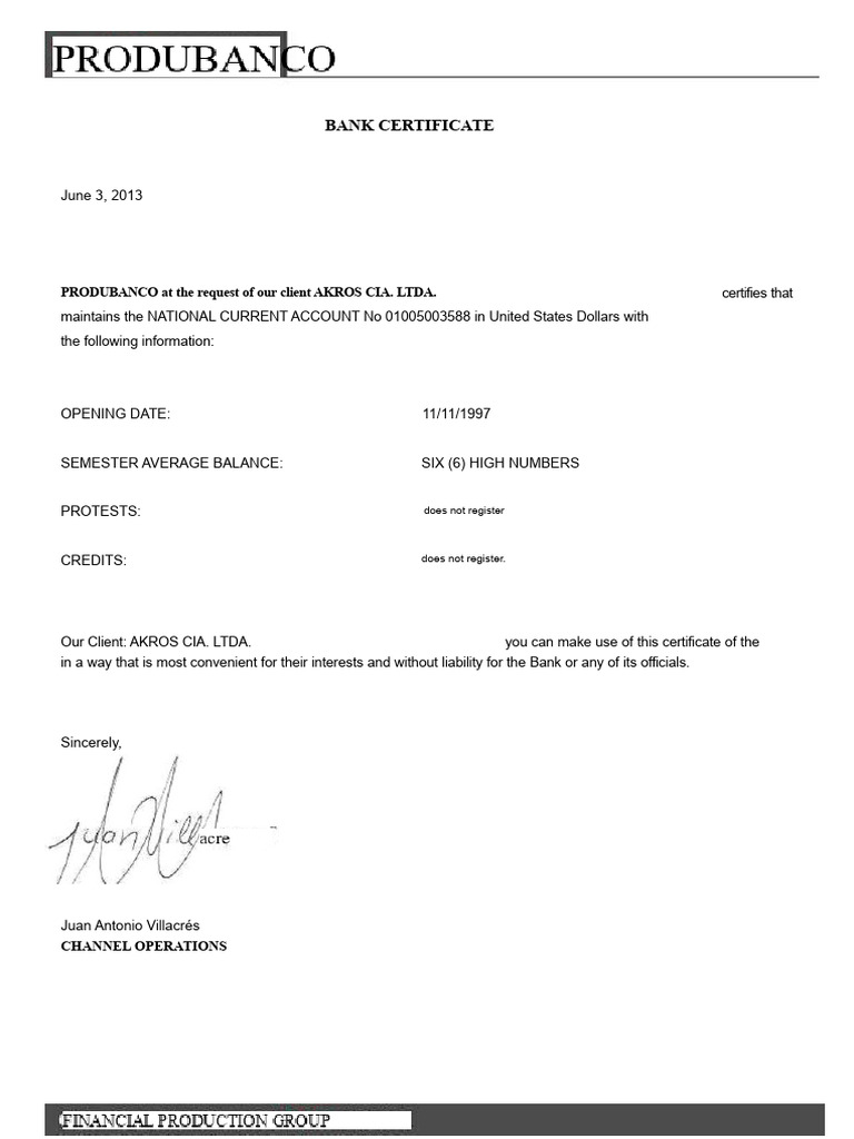 Example of Bank Certification | PDF