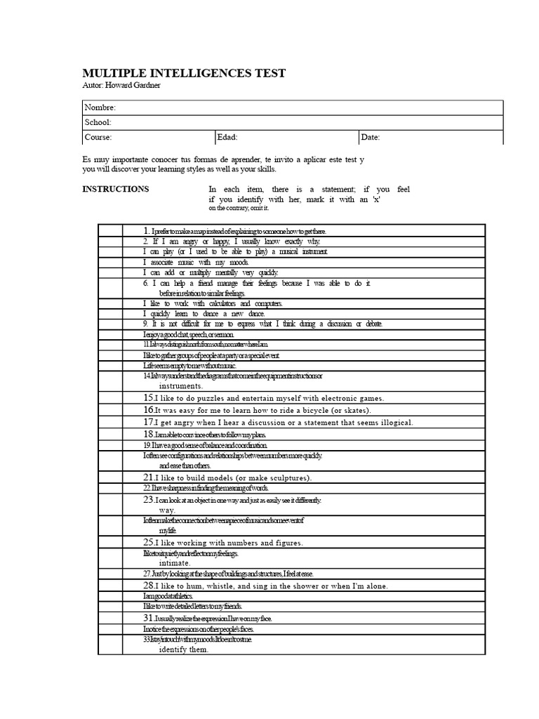 Multiple Intelligences Assessment Test | PDF | Behavioural Sciences ...