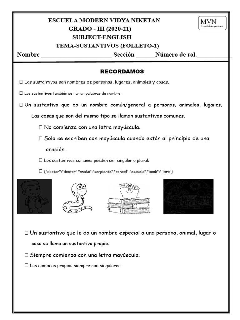 Hoja de Trabajo de Sustantivos para 3er Grado (2020-21) 1 | PDF ...