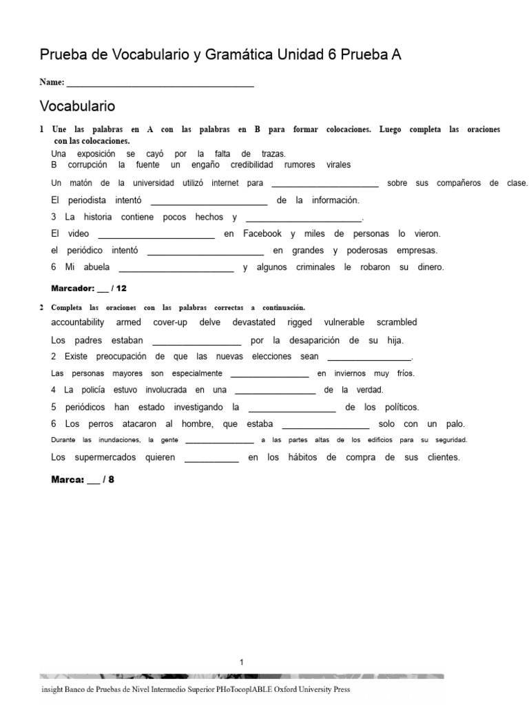 Vocabulario y Gramática Prueba Unidad 6 Prueba A | PDF