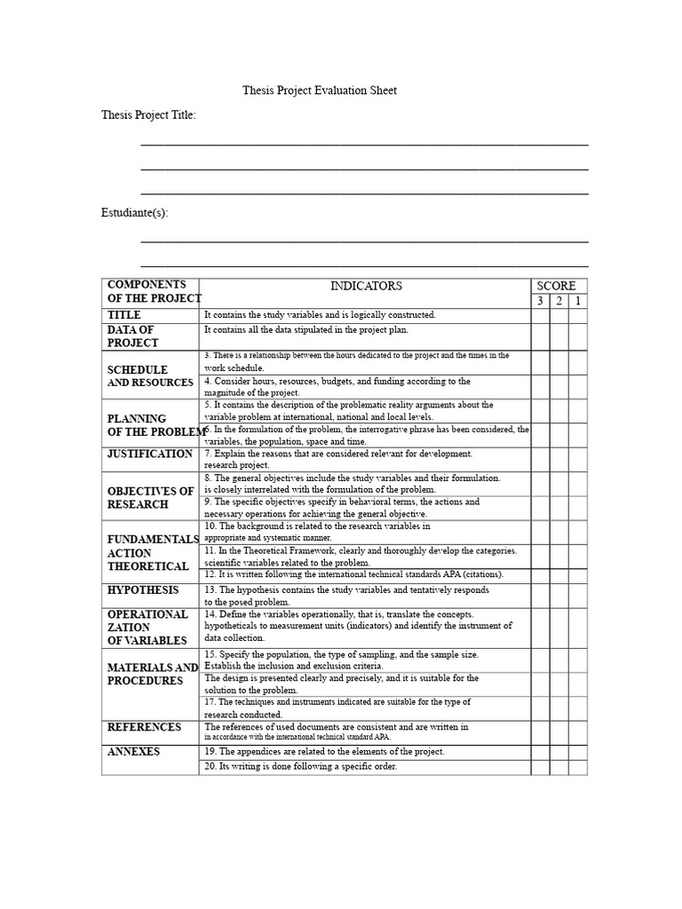 Thesis Project Evaluation Criteria Sheet | PDF | Hypothesis | Methodology