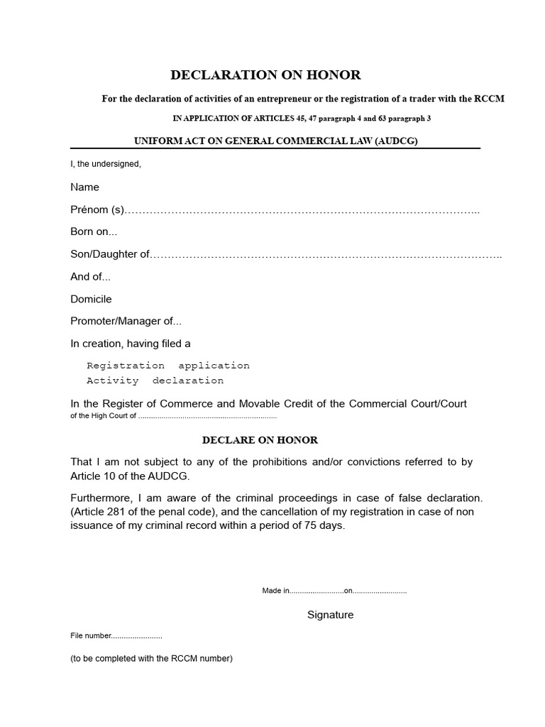 Declaration On Honor - RCCM | PDF