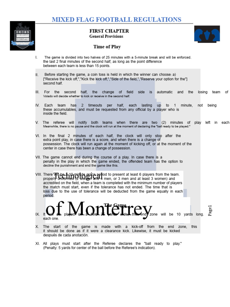 Internal Regulations of Mixed Flag Touch Football 18-13 | PDF ...