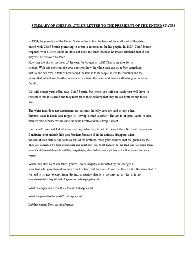 Summary of Chief Seattle's Letter to the President of the United States ...