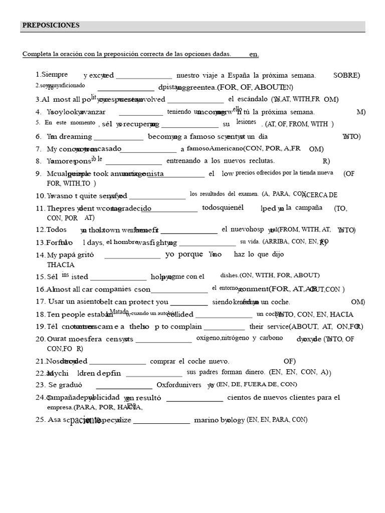 Ejercicio de preposiciones | PDF