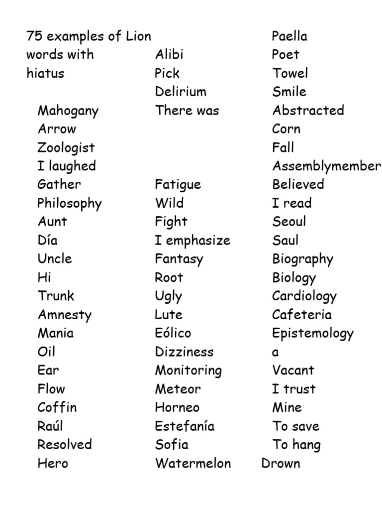 75 Examples of Words with Hiatus | PDF | Phonetics | Human Voice