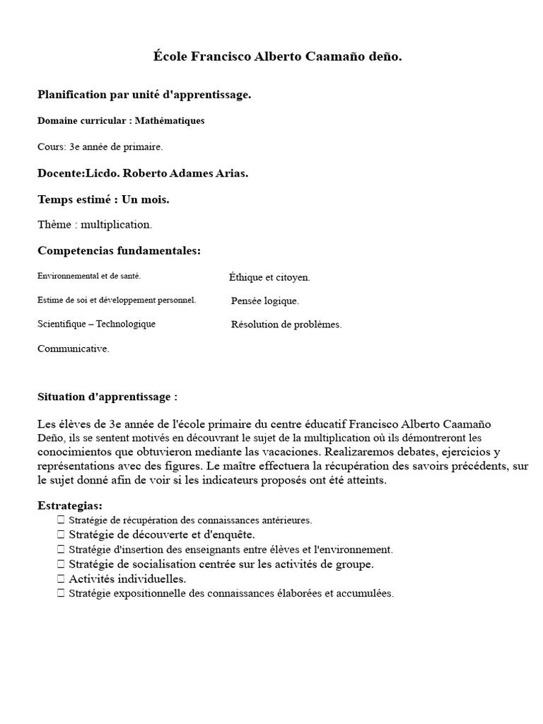 Planification de multiplication en 3e année | PDF | Multiplication ...