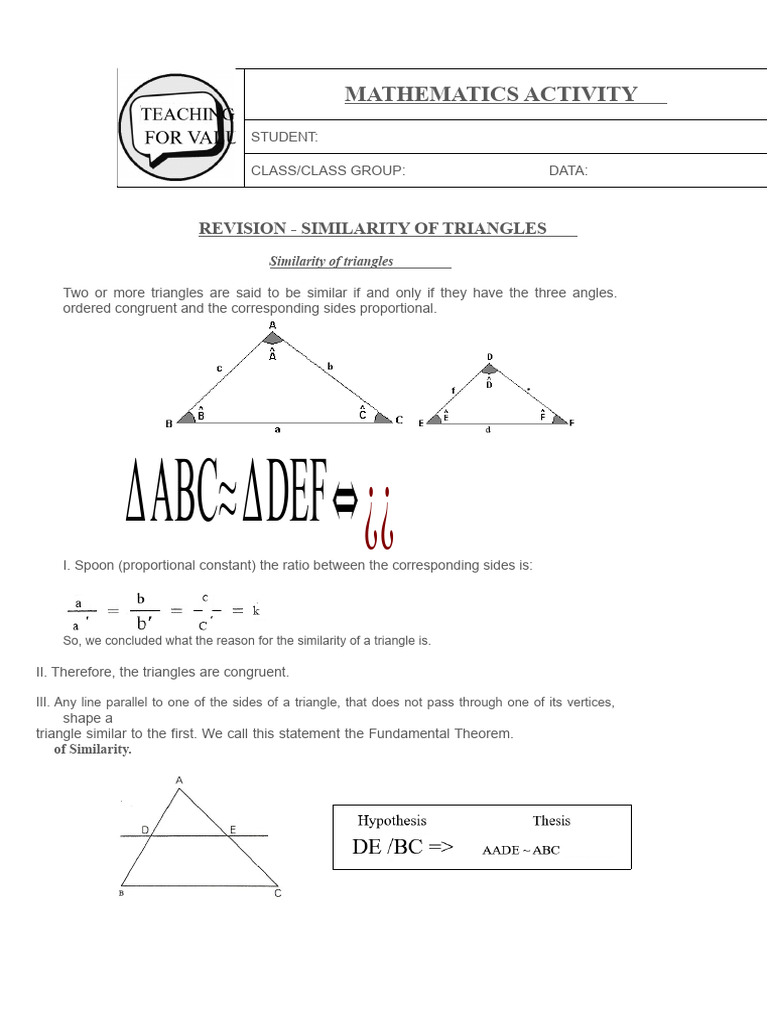 9th Grade - Exercises - SIMILARITY OF TRIANGLES LIST | PDF | Triangle ...