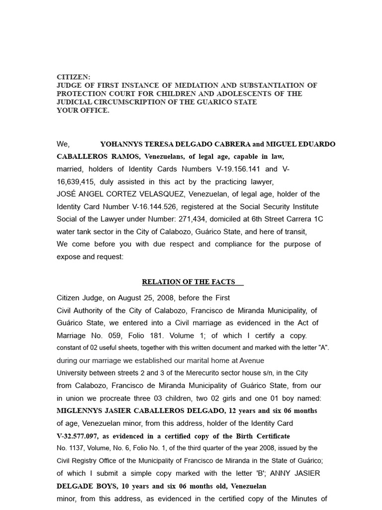 Mutual Consent Divorce Petition Guárico | PDF | Divorce | Identity Document