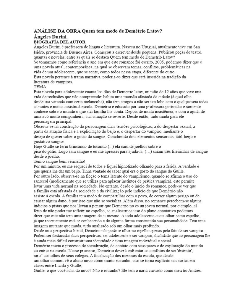 Análise da Novela "Quem Tem Medo de Demétrio Latov" | PDF | Vampiros ...
