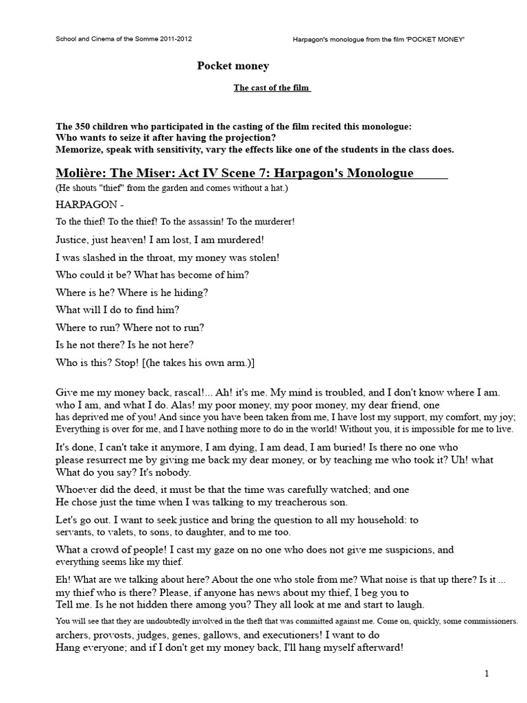 Sheet 3 POCKET MONEY Appendix Text Monologue Harpagon | PDF