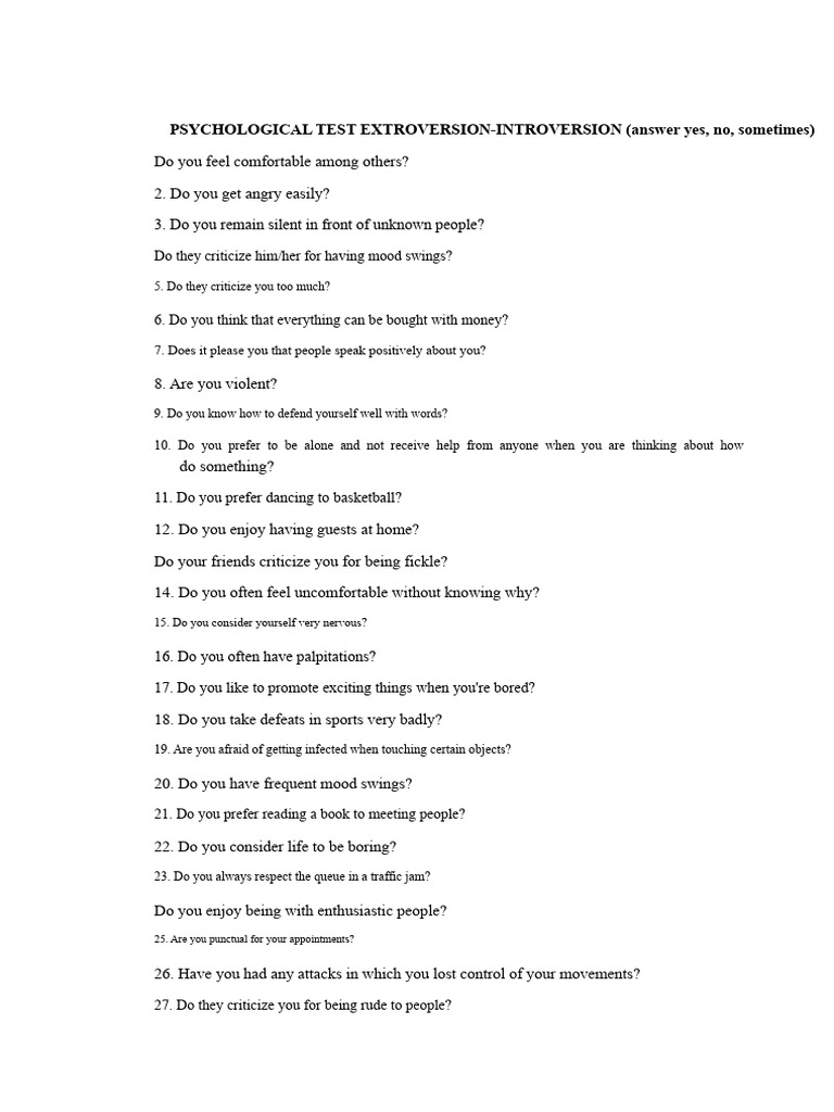 EXTRAVERSION PSYCHOLOGICAL TEST | PDF | Extraversion And Introversion ...