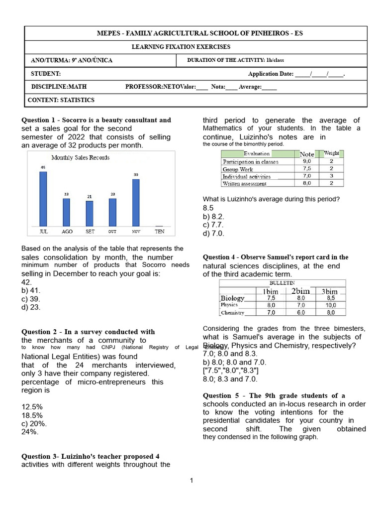 9th Grade Math Statistics Exercises | PDF | Average | Statistics