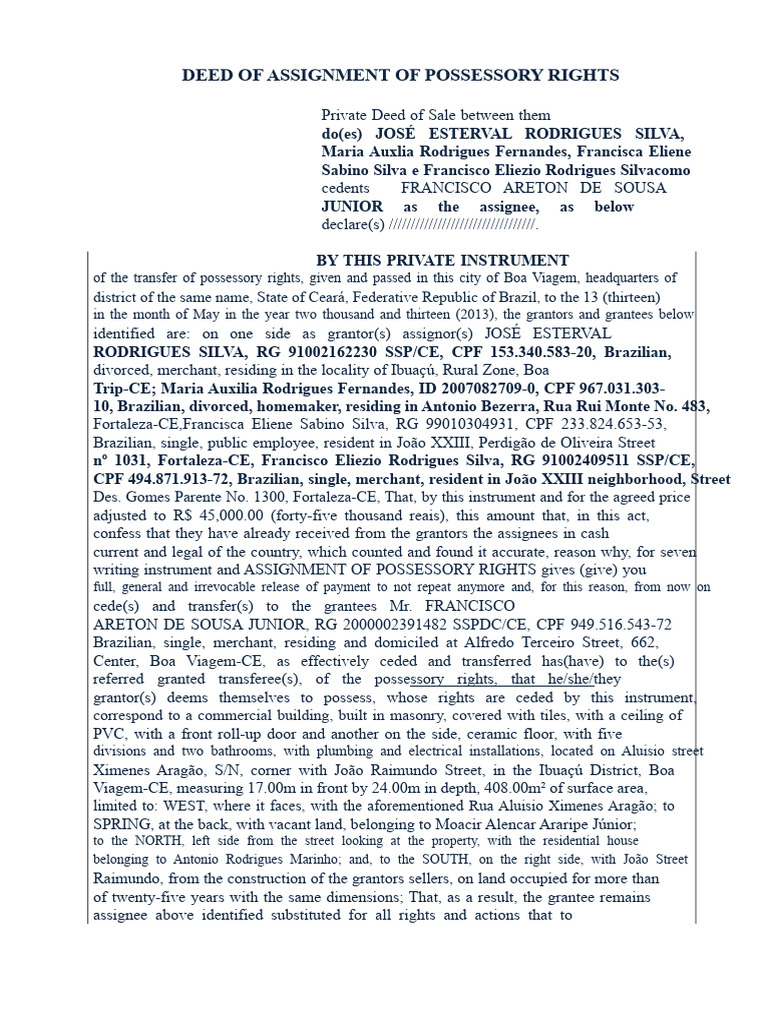 Deed of Assignment of Possessory Rights | PDF | Assignment (Law ...