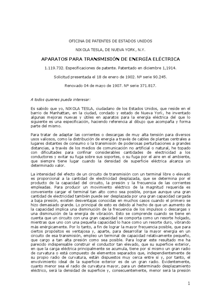 Tesla - 01119732 (Aparatos para Transmisión de Energía Eléctrica) | PDF ...