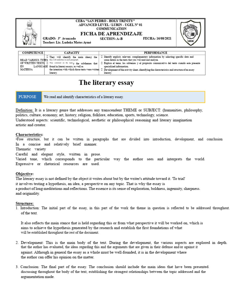 SEM 16 - 3rd - LITERARY ESSAY SHEET 08-16-21 | PDF | Essays | Liberal Arts Education