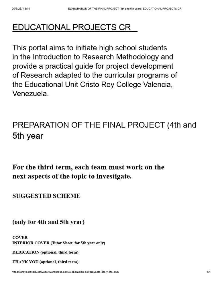 PREPARATION OF THE FINAL PROJECT (4th and 5th year) _ EDUCATIONAL ...