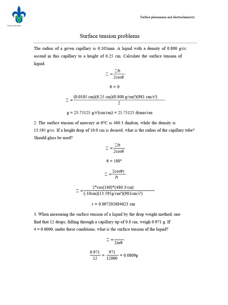 Activity 18. Surface Tension Problems | PDF | Surface Tension | Liquids