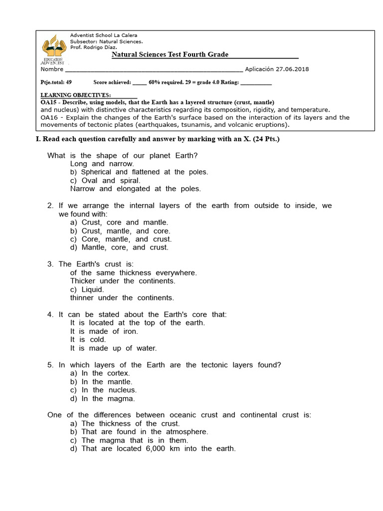Fourth Grade Natural Sciences Test | PDF | Plate Tectonics | Earth