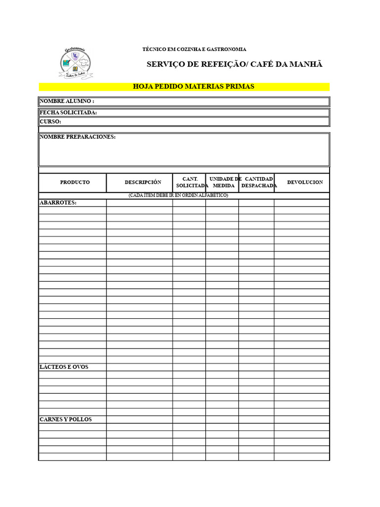 Formato de Pedido de Matérias-Primas para Café da Manhã | PDF