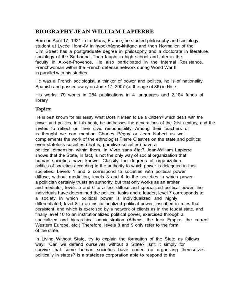 BIOGRAPHY JEAN WILLIAM LAPIERRE | PDF | Sociology | Liberal Arts Education