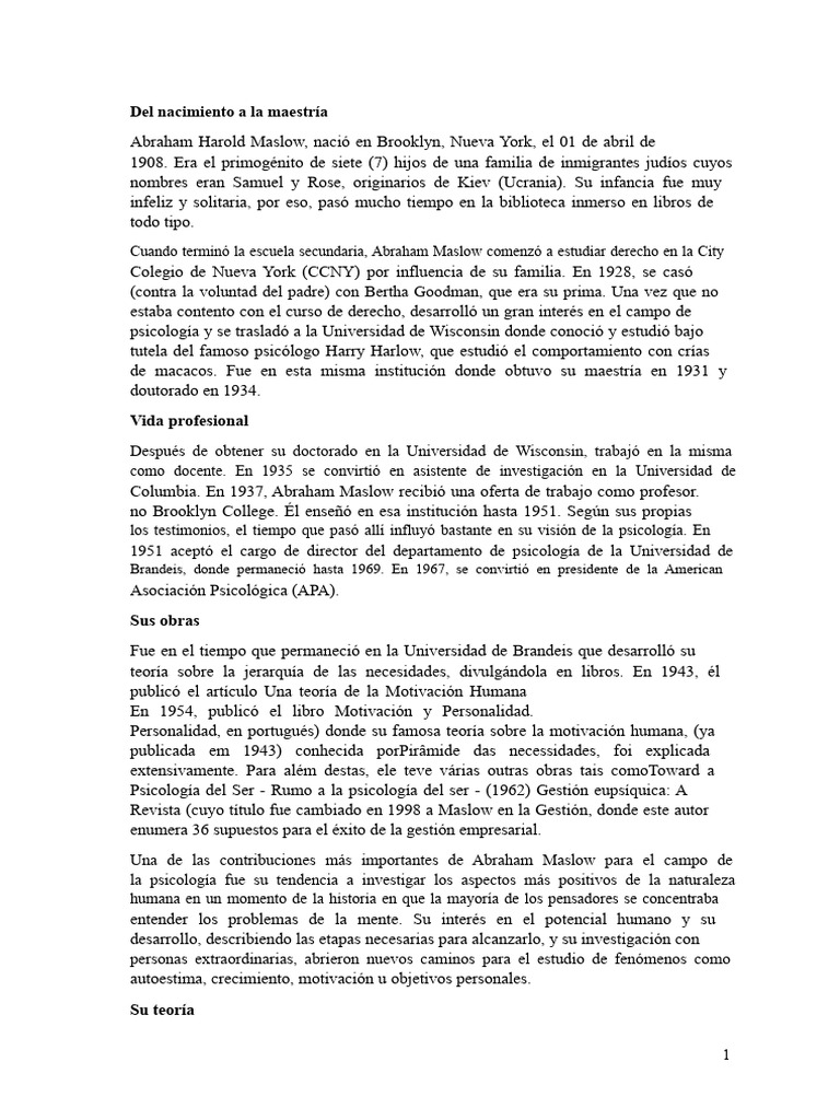 Vida y obra de Abraham Maslow | PDF | Sicología | Ciencias del ...