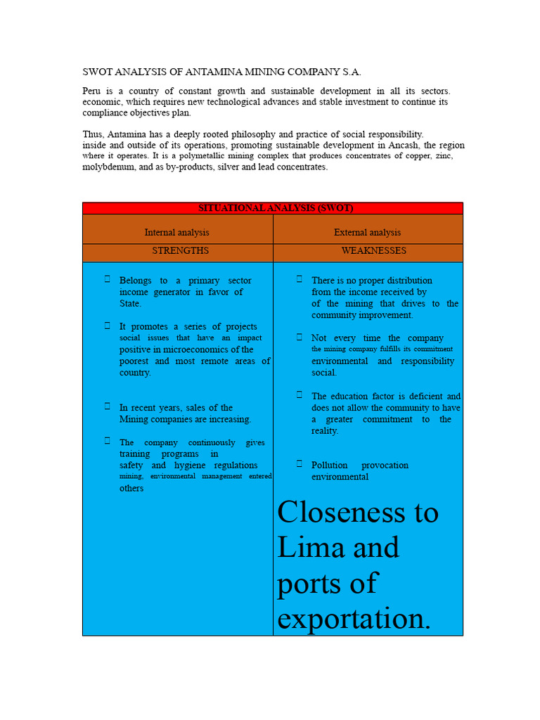 SWOT Analysis of Antamina Mining Company | PDF | Mining | Swot Analysis