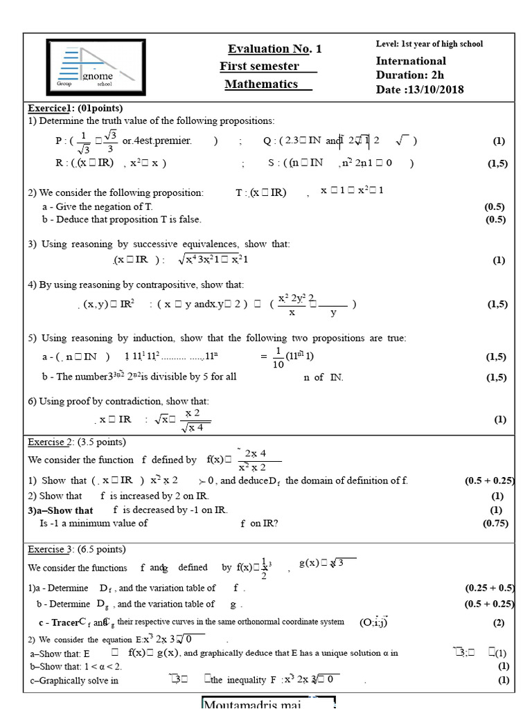 Maths Assignment 1st year Bac Sx International Fr s1 3 | PDF | Function (Mathematics) | Mathematics