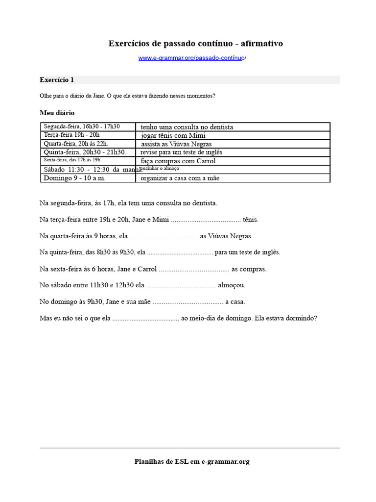 Exercícios de Passado Contínuo Afirmativo | PDF