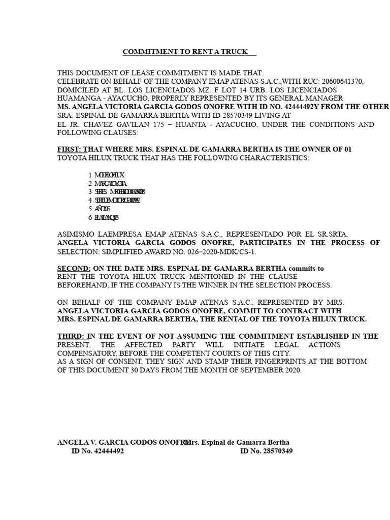 Truck Rental Commitment Agreement | PDF | Motor Vehicle | Toyota