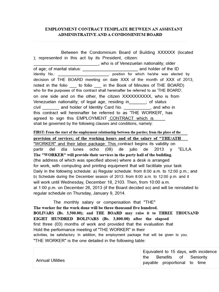 Model Employment Contract Between An Administrative Assistant and A ...