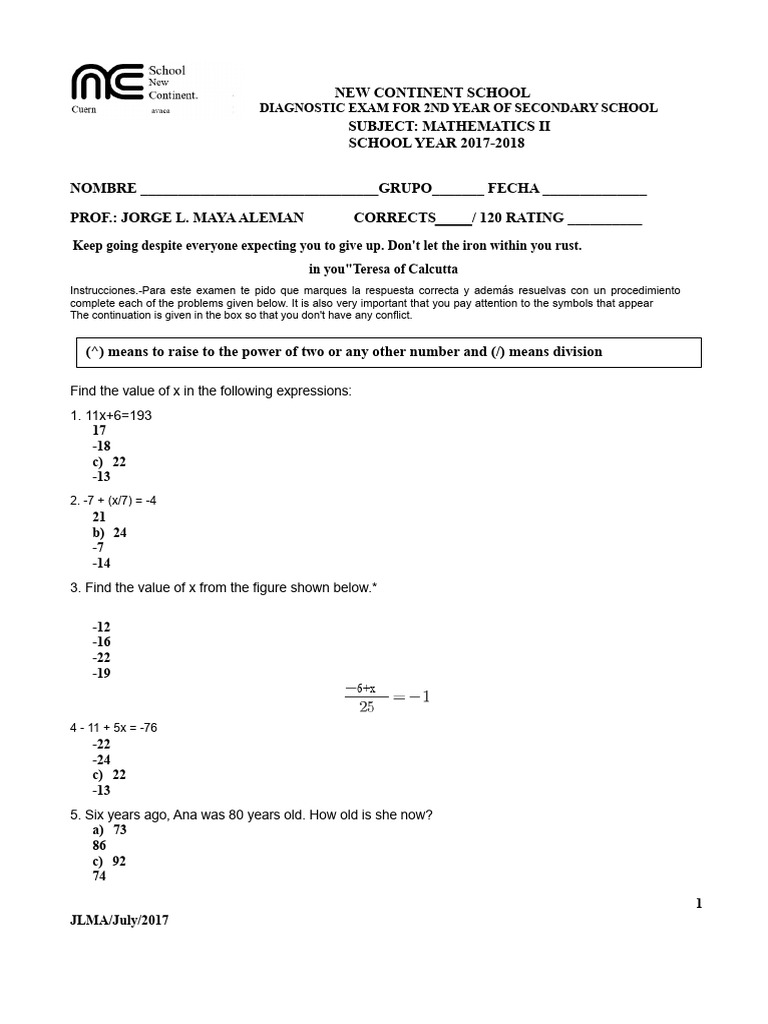 2nd Year Secondary Math Exam 2017 | PDF | Mathematics