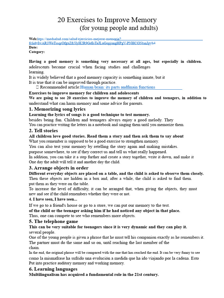20 Exercises to Improve Memory | PDF | Memory | Adolescence
