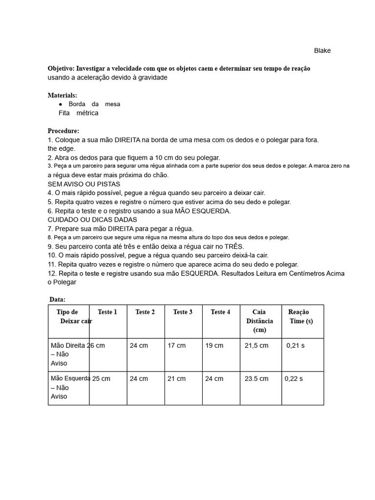 laboratório de tempo de reação | PDF | Tempo | Reações químicas