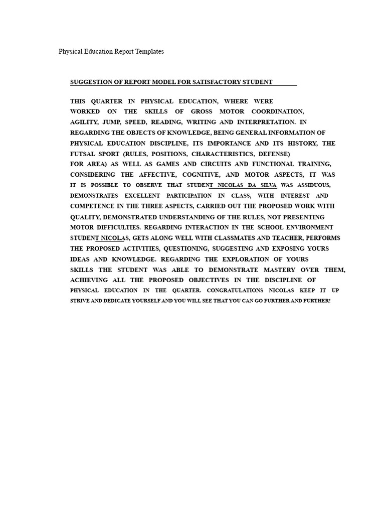 Physical Education Report Models - 1st Term | PDF | Knowledge | Attention