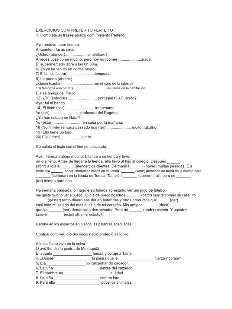 Ejercicios de Pretérito Perfecto en Español | PDF